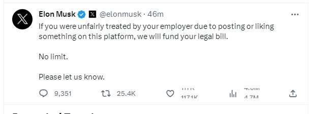 马斯克：将为因在X平台发帖或点赞而受到不公平对待的用户提供无限法律资助-美股-金融界