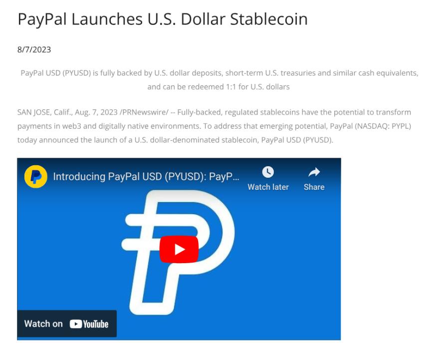 首家美国大型金融机构入局 PayPal官宣发布美元稳定币-美股-金融界